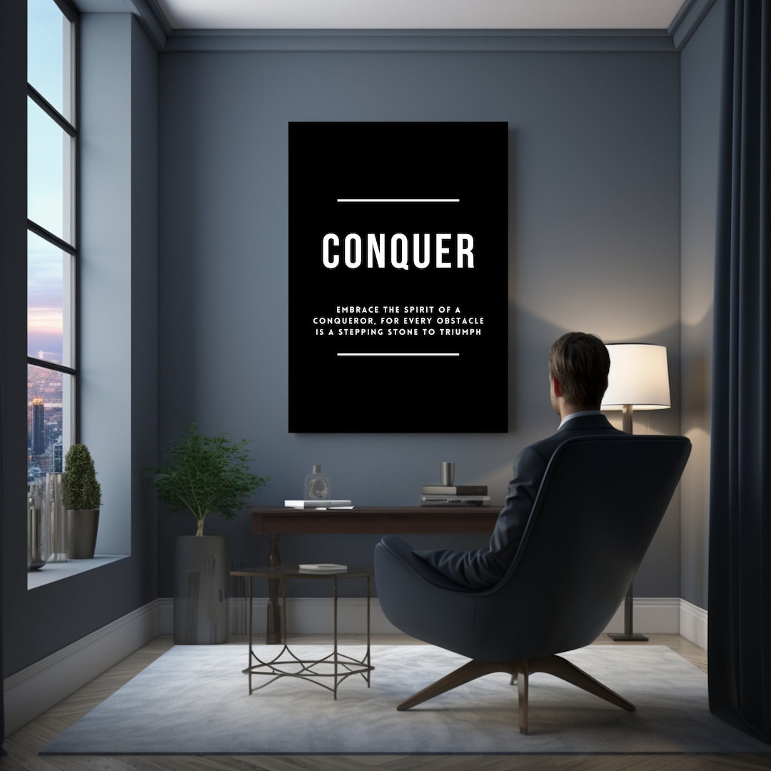 Conquer Inspiring Quotes Sign Office Decor Motivational Black and White ...