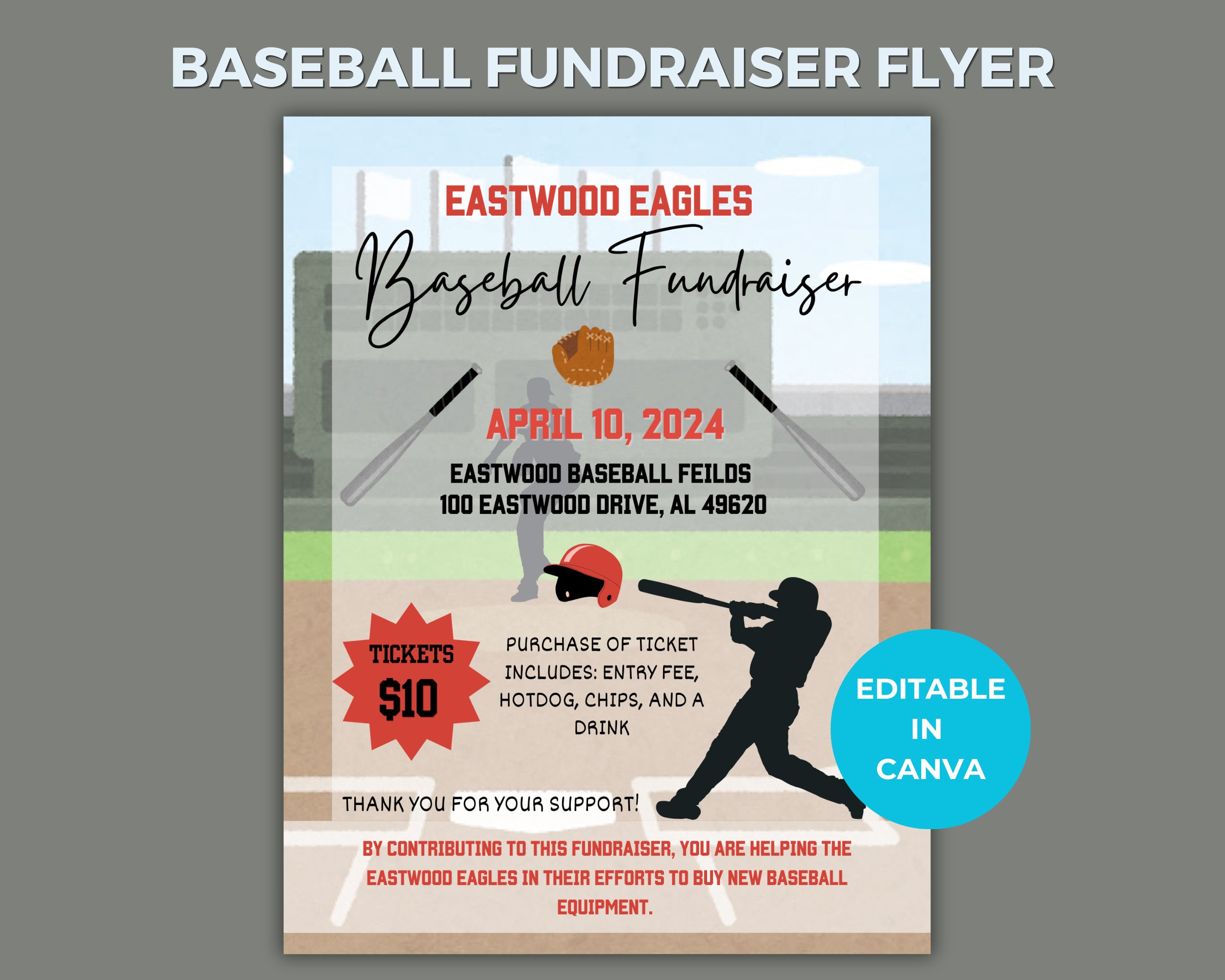 Baseball Fundraiser Flyer Template - Personalize on Canva - Editable ...
