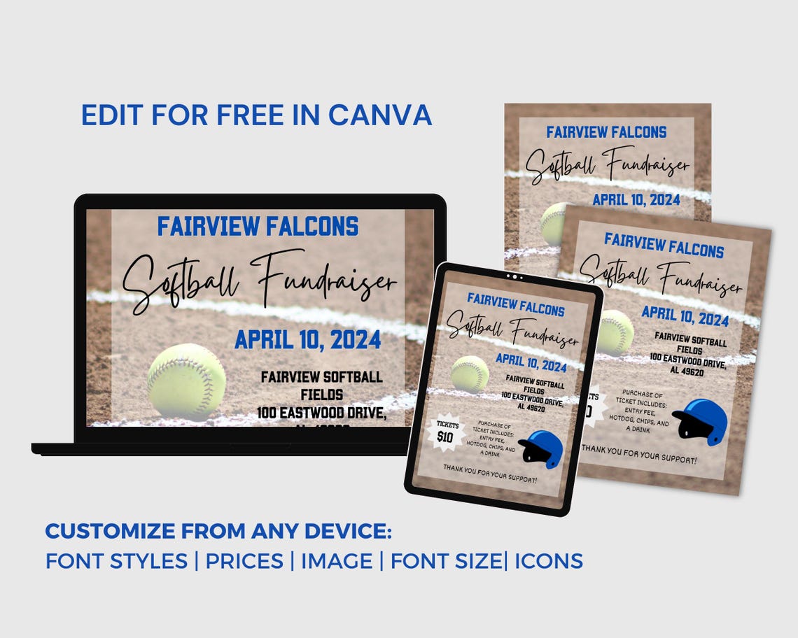 Softball Fundraiser Flyer Template - Personalize on Canva - Editable ...