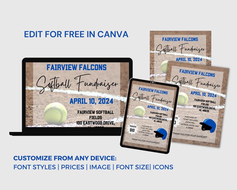 Softball Fundraiser Flyer Template - Personalize on Canva - Editable ...