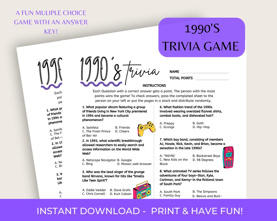 90's Nostalgia Trivia Blast 1990's Trivia Game Printable - Etsy