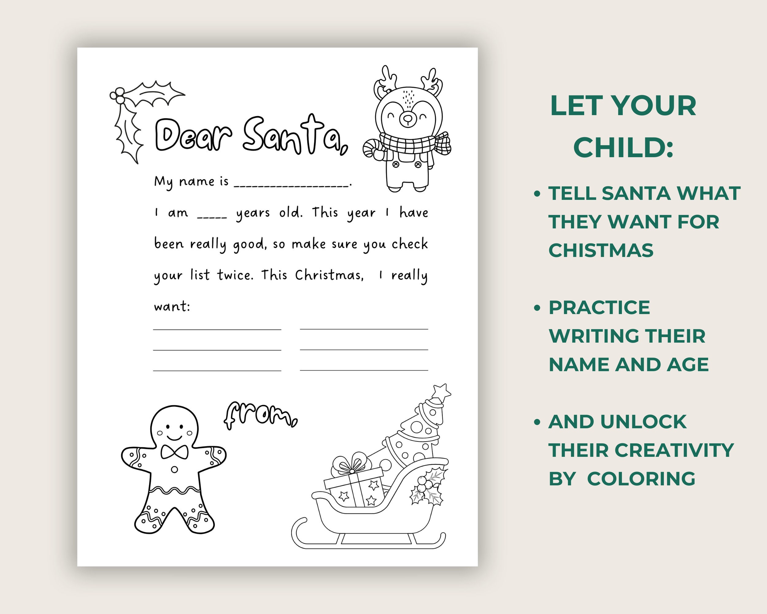 Christmas Coloring Page: Printable Letter to Santa With Gingerbread ...