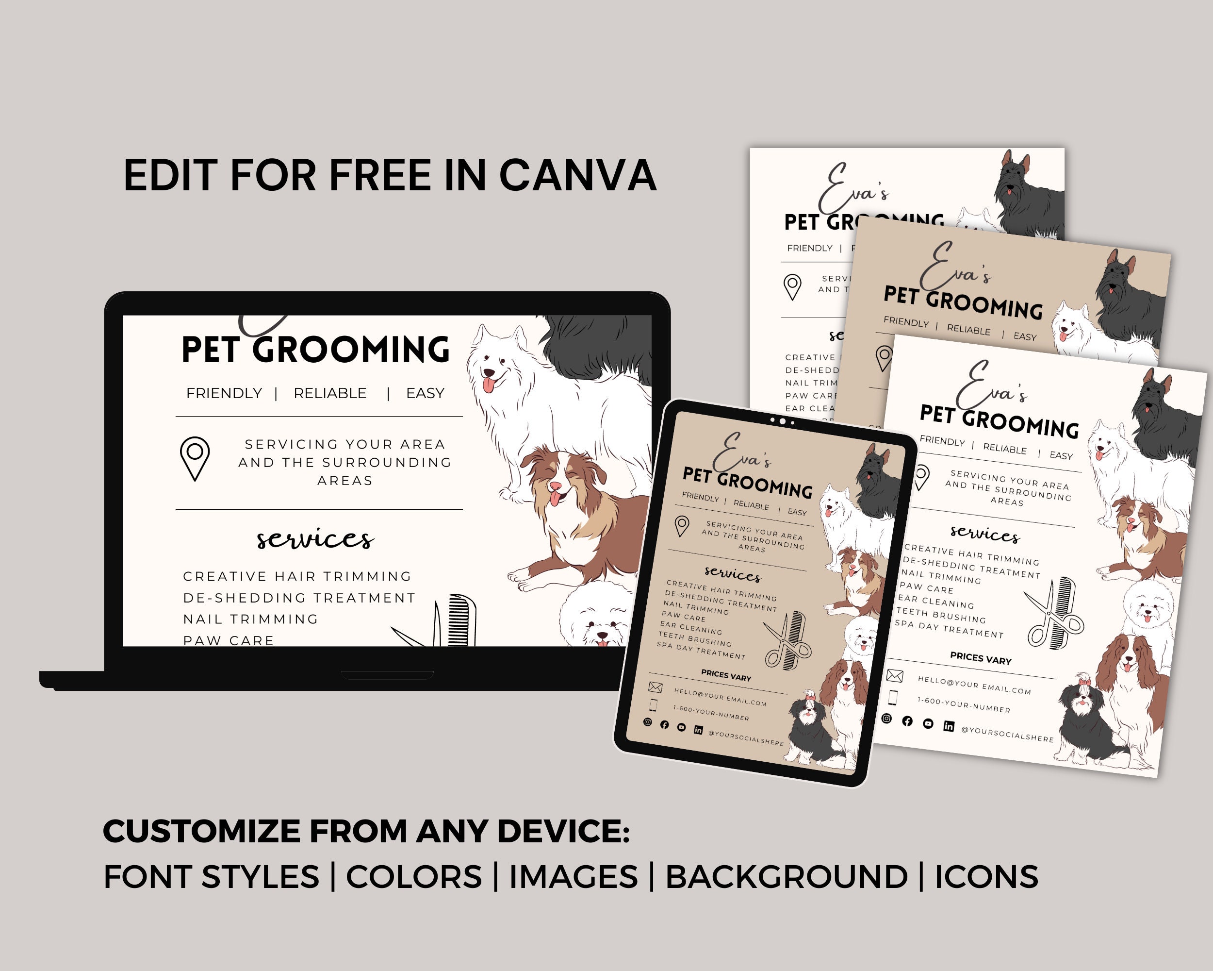 Dog Grooming Flyer Template - Pet Care Advertisement (canva Editable ...
