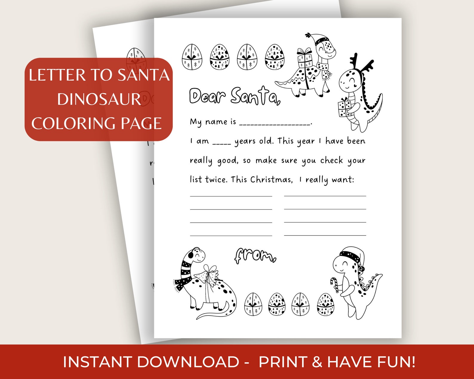 Letter to Santa DINOSAUR Printable Coloring Page - Etsy