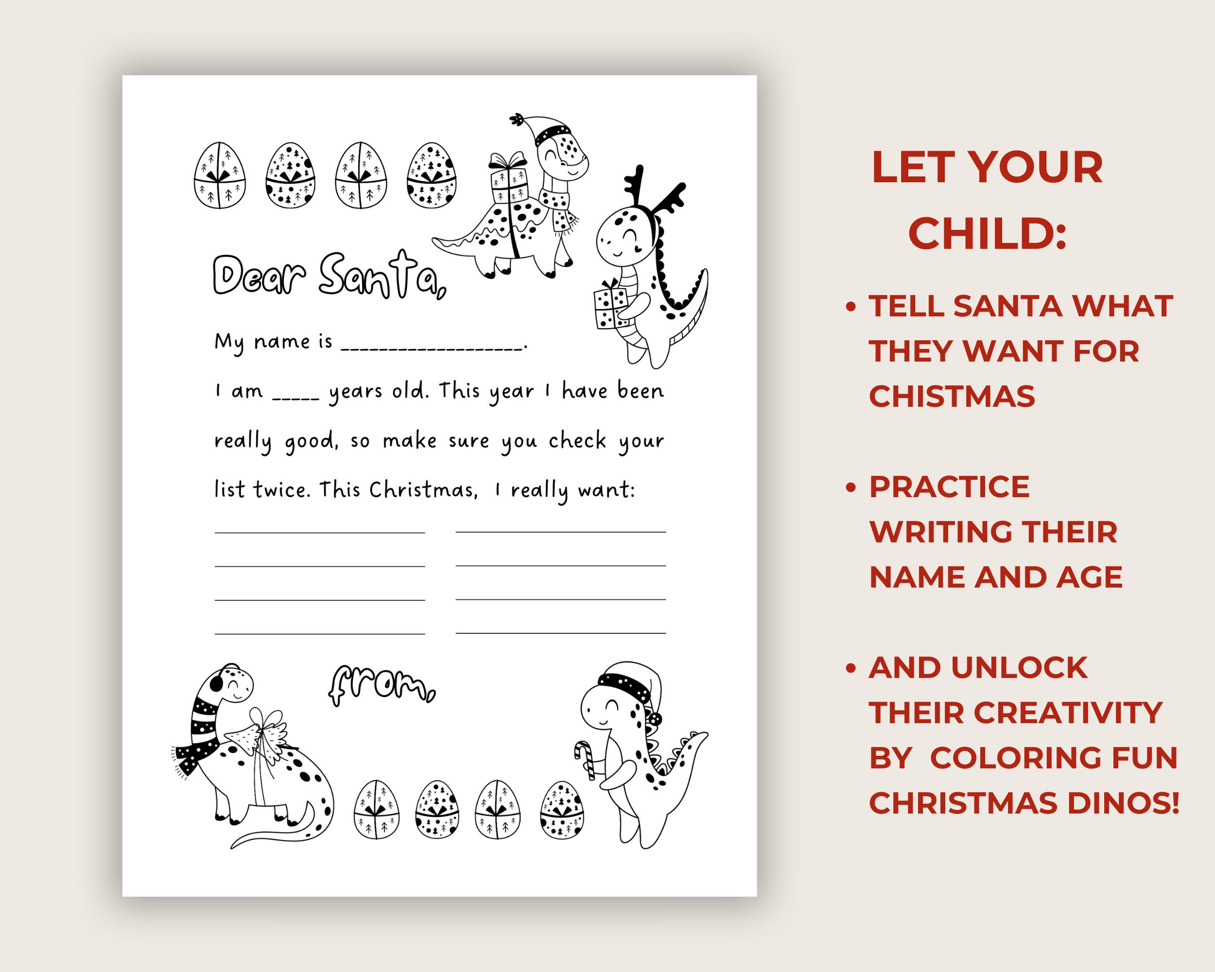 Letter to Santa DINOSAUR Printable Coloring Page - Etsy