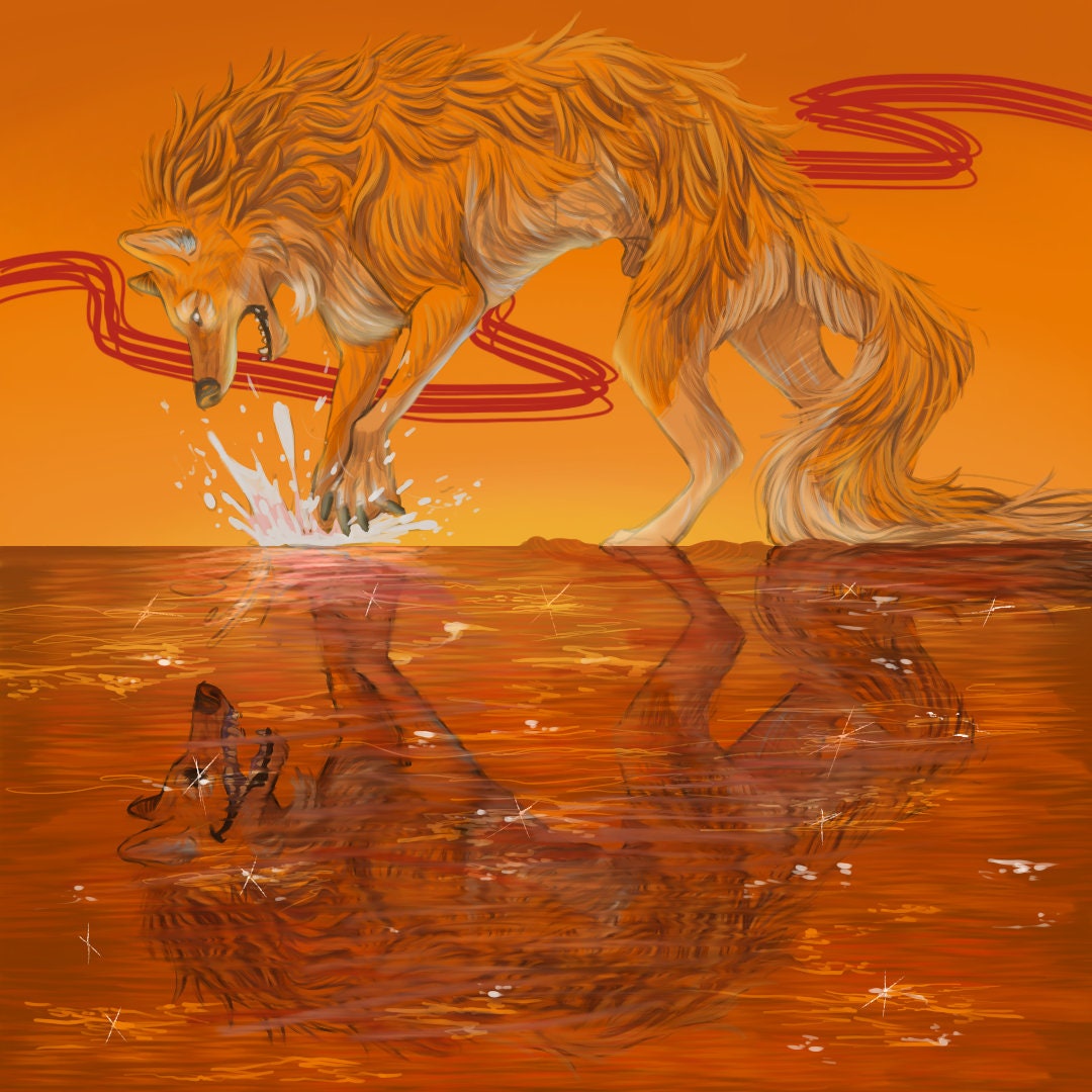 Orange Wolf With His Demonic Reflection, Dark Print - Etsy