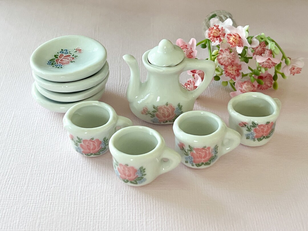 Miniature Ceramic Play Tea Set for 4 – 1:12 Scale Dollhouse Tea Party ...