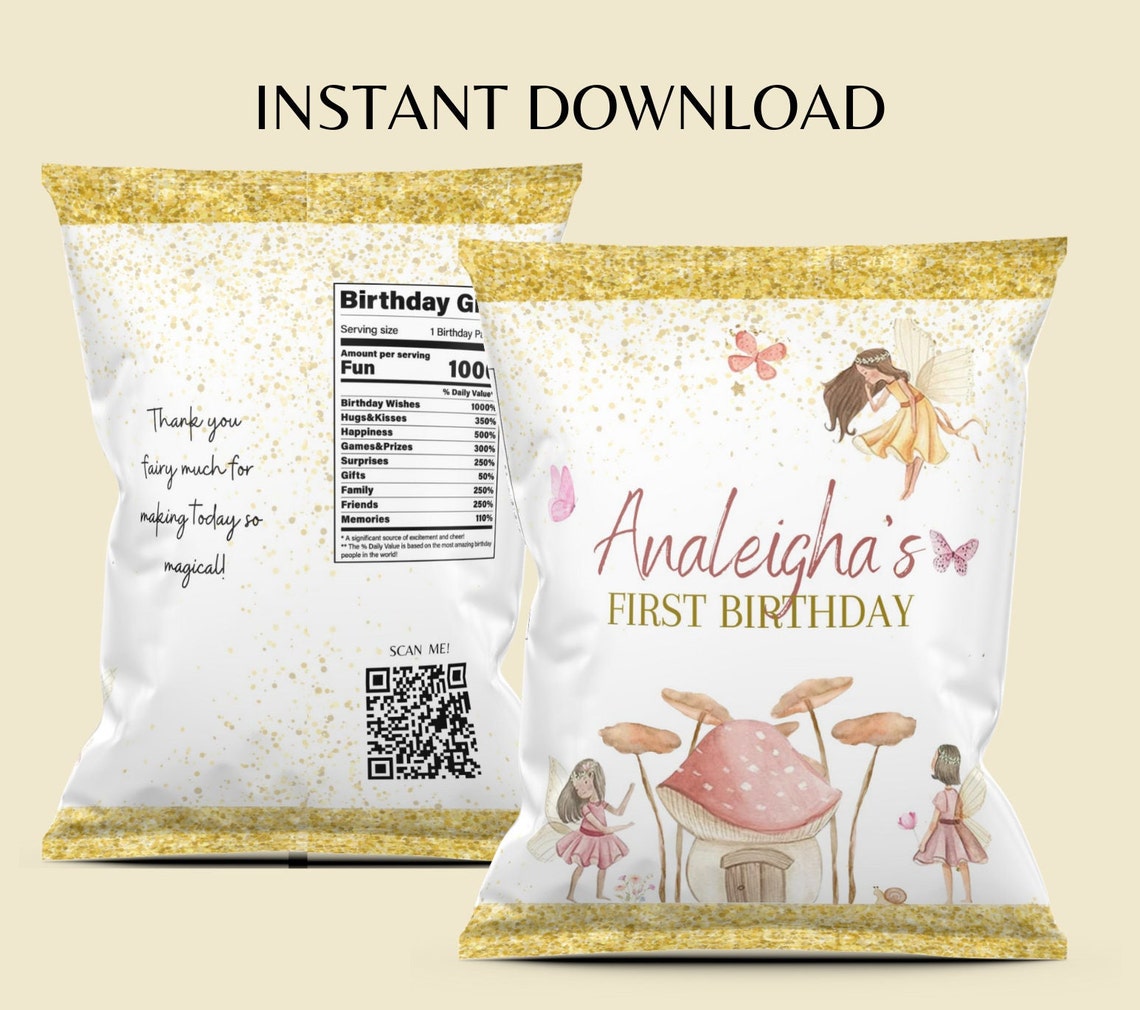 Editable Fairy Birthday Party Chip Bags Enchanted Magical Floral Fairy ...