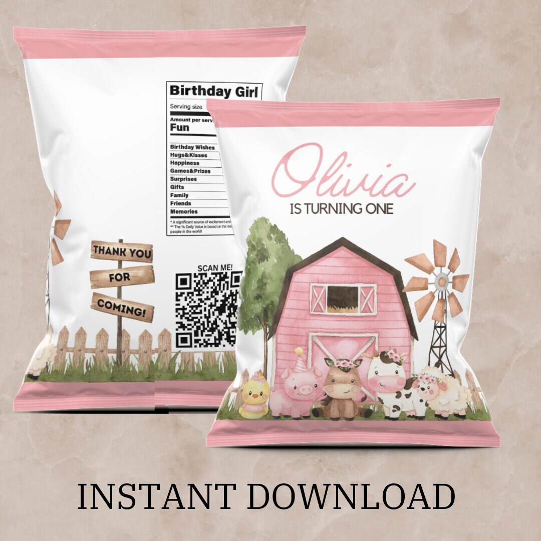 Farm Animals Chip Bag, Printable Pink Farm Chip Bag, Girl Birthday ...