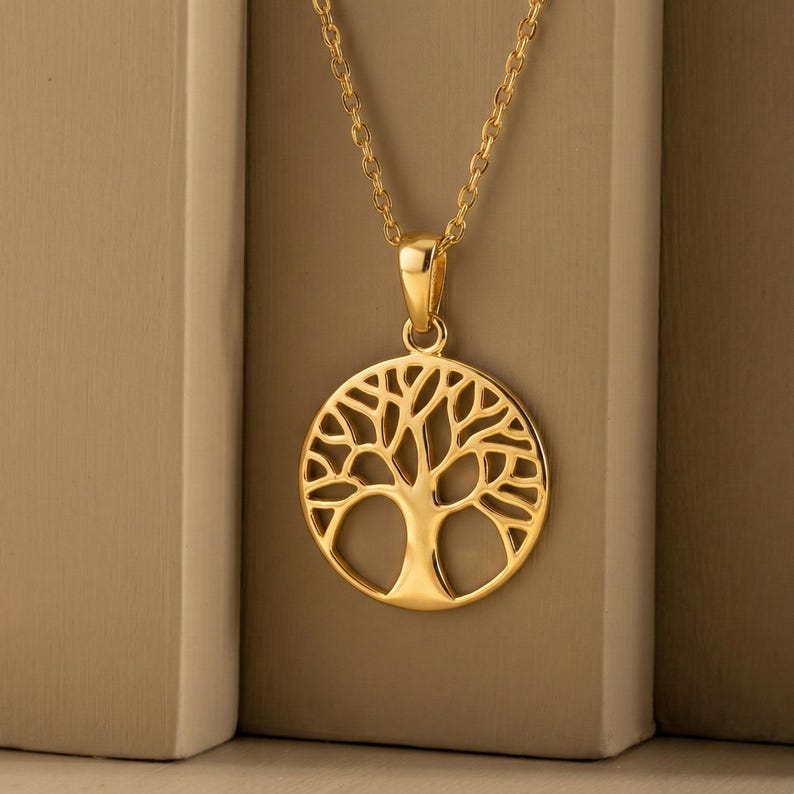 14K Solid Gold Tree of Life Necklace, Round Pendant, Family Roots ...