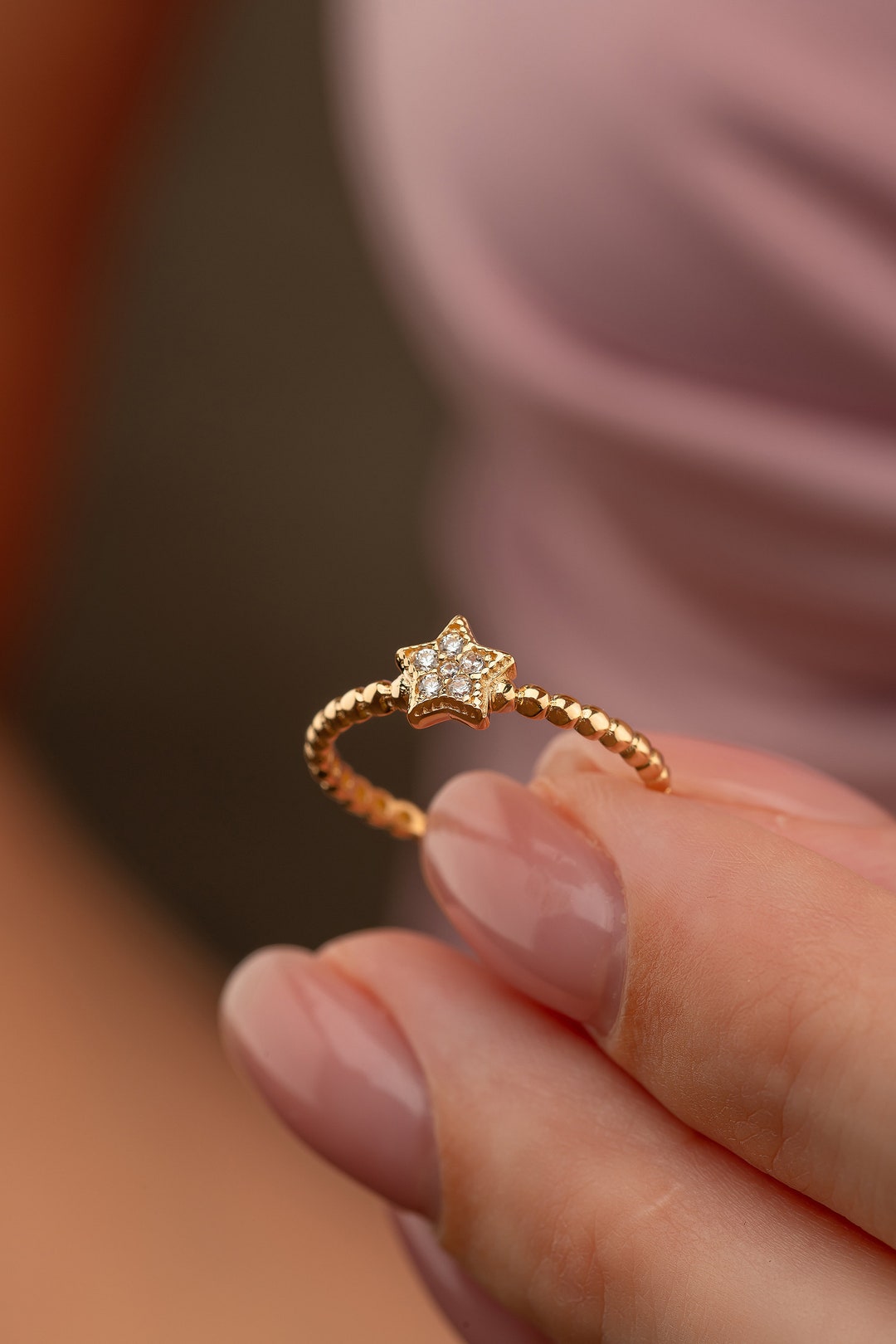 14k Solid Gold Star Ring, Minimalist Stackable Dainty CZ Gemstone Star ...