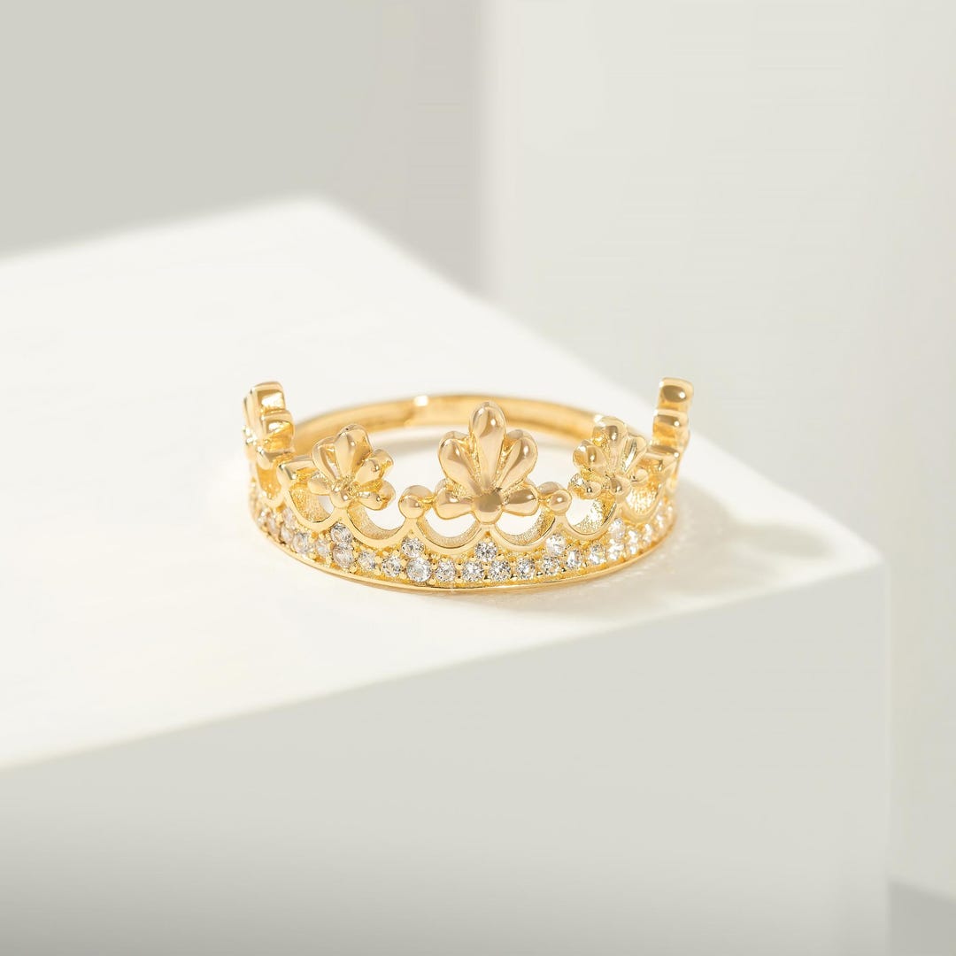 Princess Queen Crown Ring Thin Simulated Diamond 14K Solid Gold ...
