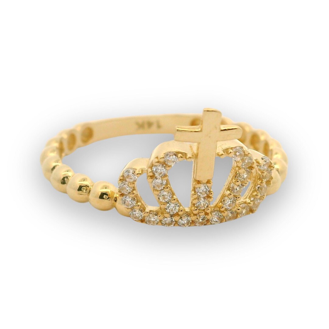 Cross Crown Ring 14K Solid Gold, Princess Queen Ring With Thin Simulated Diamond, Crown ...