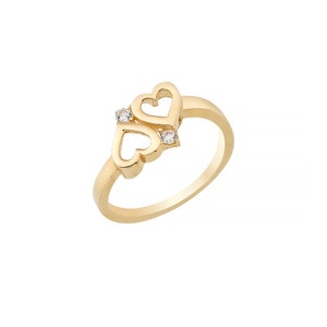 Double Heart Ring Engagement Ring 14K Solid Gold Open Heart Ring Tiny ...