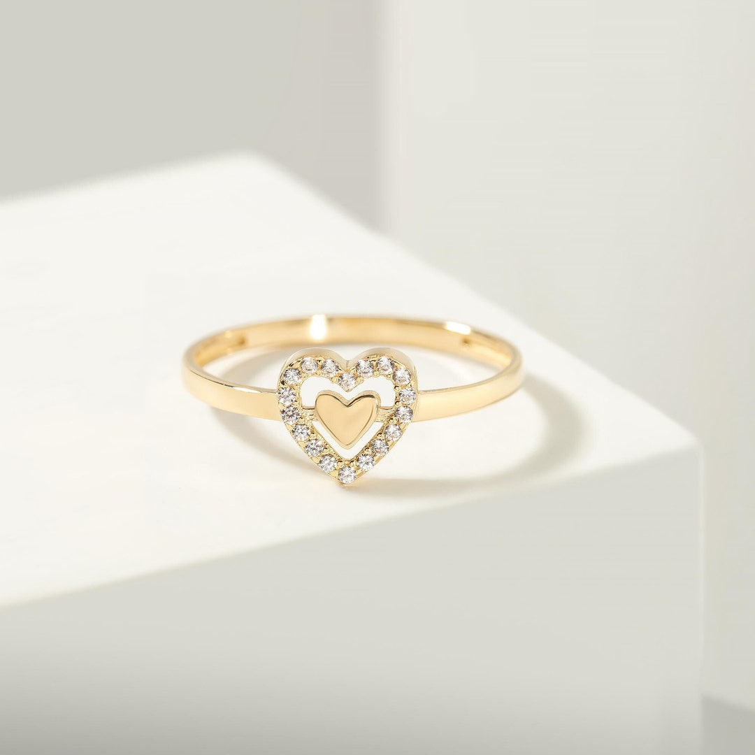 14K Solid Gold Twined Heart Ring, Open Heart Double Ring With Small ...