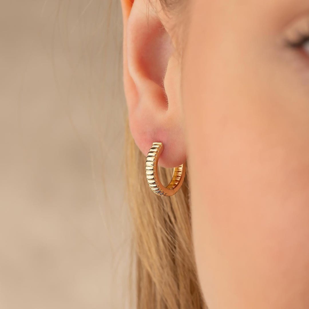 Ribbed Hoop Earrings 14K Solid Gold Huggies Earring, Stripe Hoops Earring Women Stackable ...