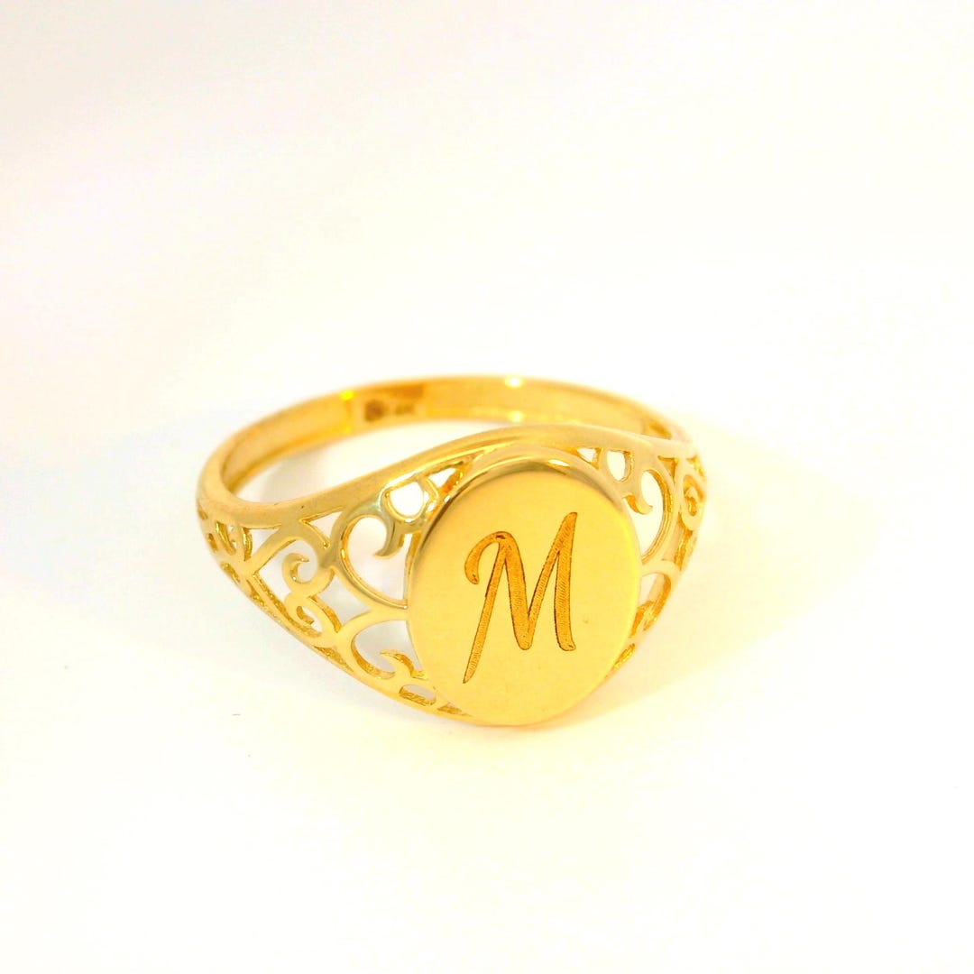 14K Solid Gold Oval Signet Ring, Filigree Detail, Classic Minimalist ...