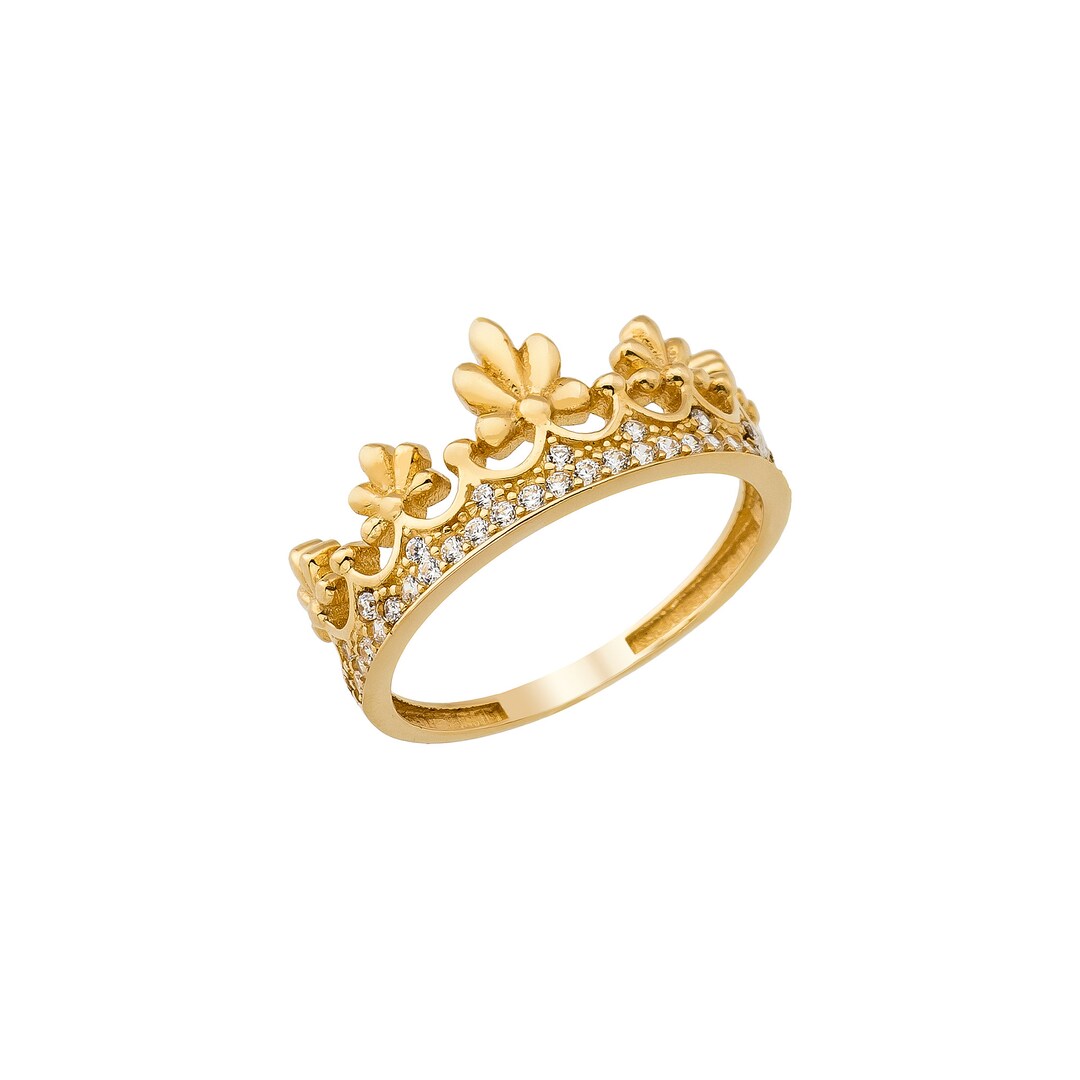 Dainty 14K Solid Gold Flower Crown Ring, CZ Princess Crown Ring, Queen Ring, Mother's Gift ...