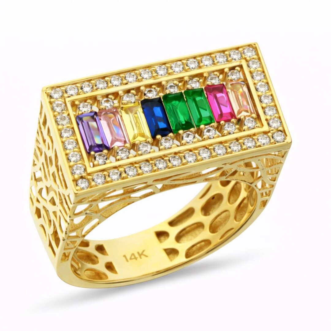 14K Solid Gold Rainbow Ring, Multi Color Baguette Stone Band, Modern ...