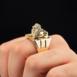 14K Solid Gold Unique Fantasy Lion Ring, Handcrafted Jewelry for Men ...