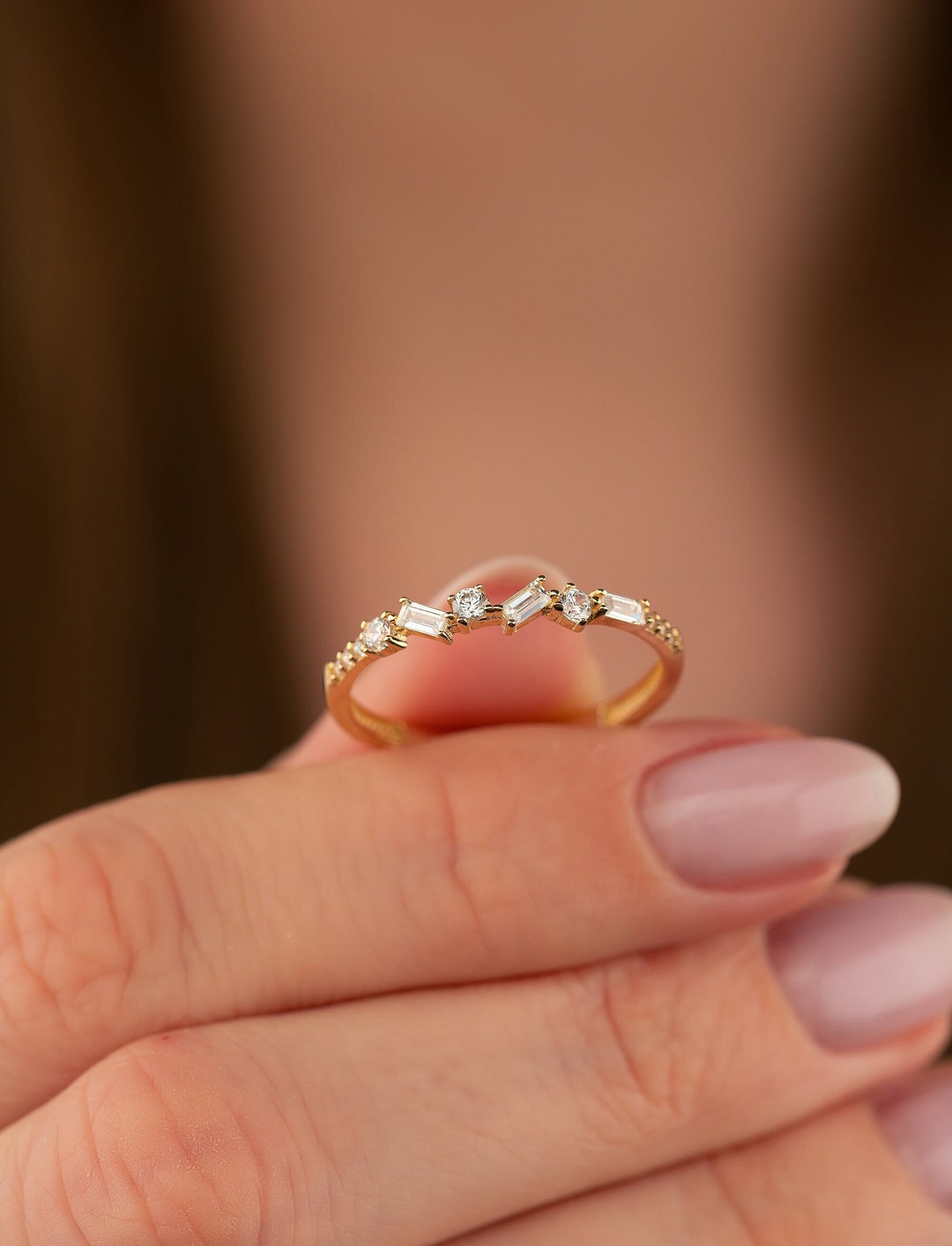 Baguette and Round Half Eternity Simulated Diamond Wedding Band, 14K Solid Gold Stone Engagement ...