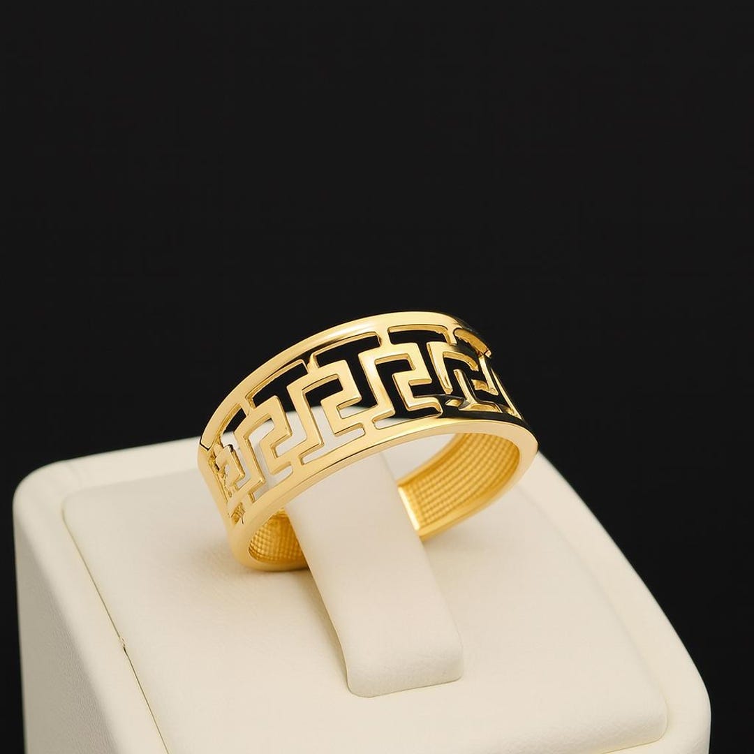 14K Solid Gold Greek Key Ring, Wide Meander Wedding Band for Women ...