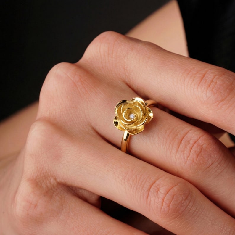 14K Solid Gold Rose Ring, 1.8mm Yellow Floral Band for Lover, 3D Floral ...