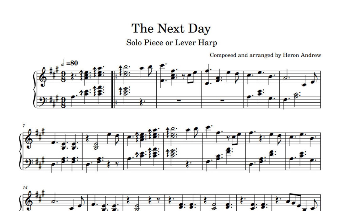 The Next Day (sheet Music for Lever Harp) - Etsy