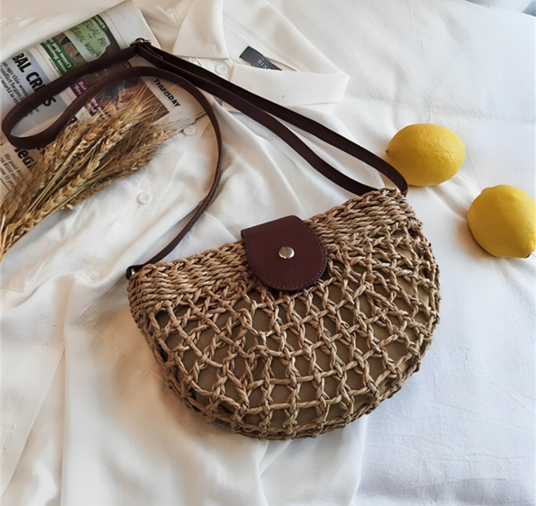 Boho Chic Braided Straw Half Moon Bag With Shoulder Strap - Etsy