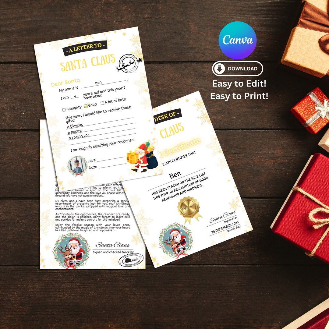 Editable Official Letter to Santa Claus, Nice List Certificate & Letter ...
