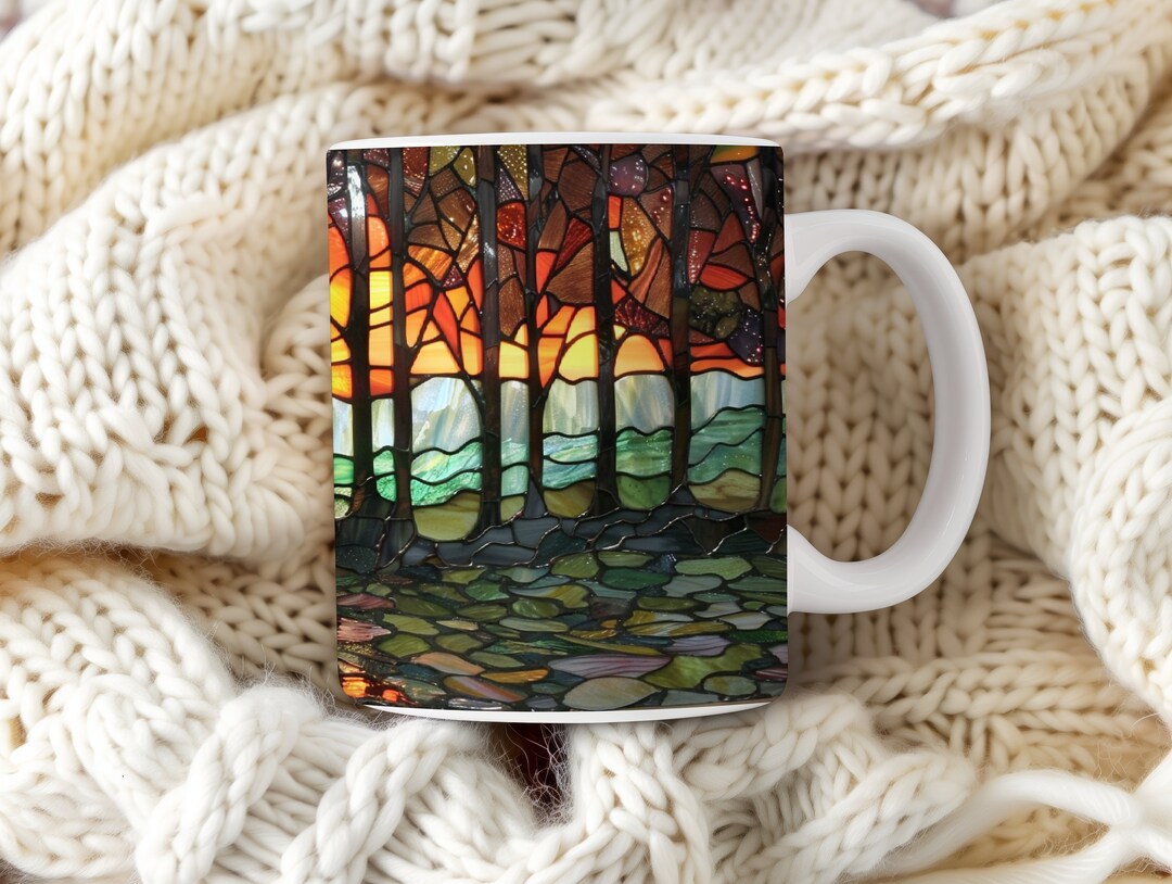 Forest Mug, Stained Glass, Style Nature-inspired Mug, Mountain ...