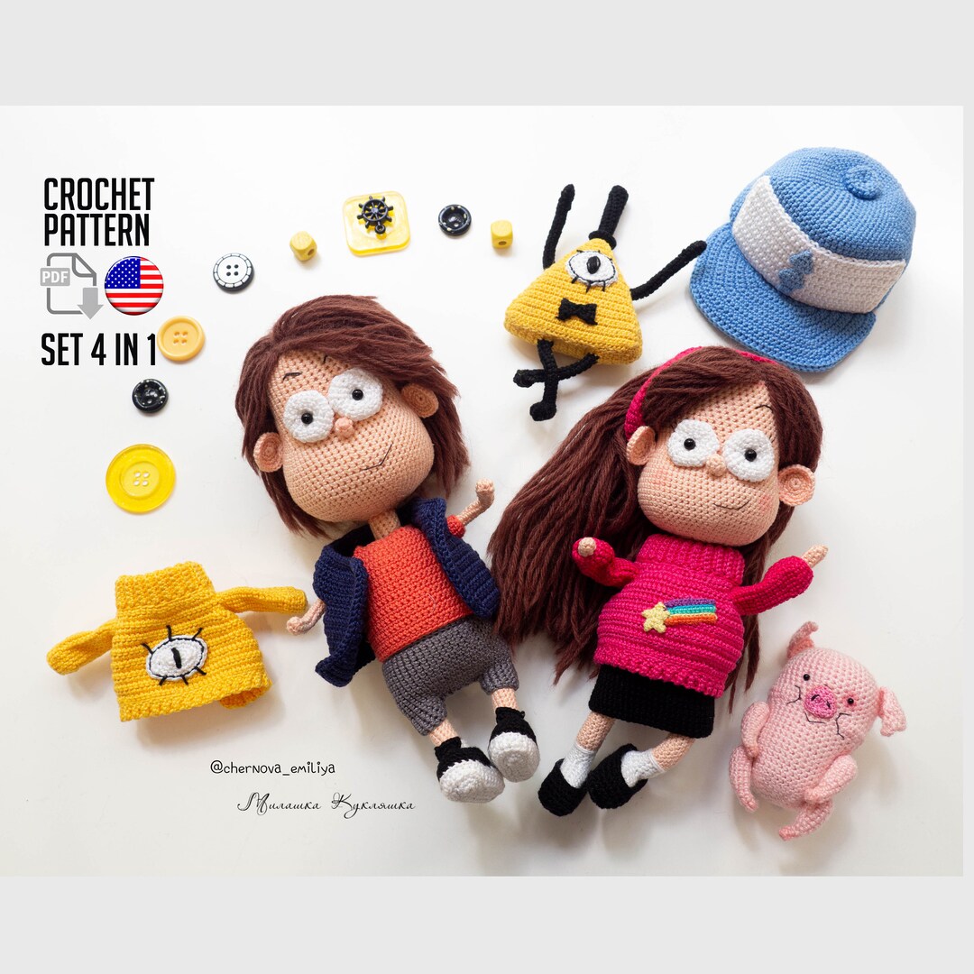 SET 4 in 1 Crochet Dolls Patterns: Dipper, Mable, Pig, Yellow Triangle ...