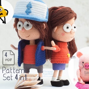 SET 4 in 1 Crochet Dolls Patterns: Dipper, Mable, Pig, Yellow Triangle ...