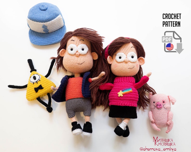 SET 4 in 1 Crochet Dolls Patterns: Dipper, Mable, Pig, Yellow Triangle ...