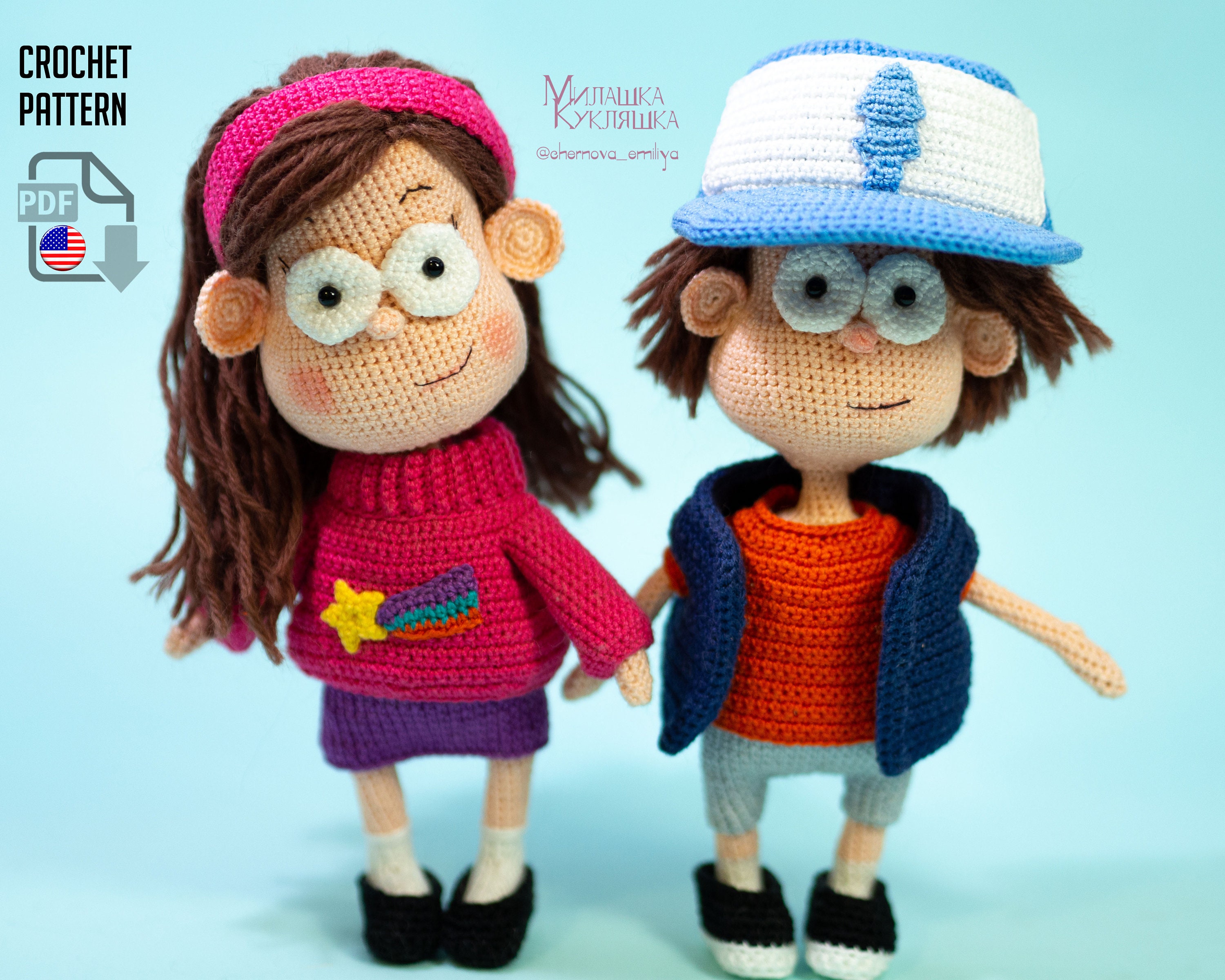 SET 4 in 1 Crochet Dolls Patterns: Dipper, Mable, Pig, Yellow Triangle ...