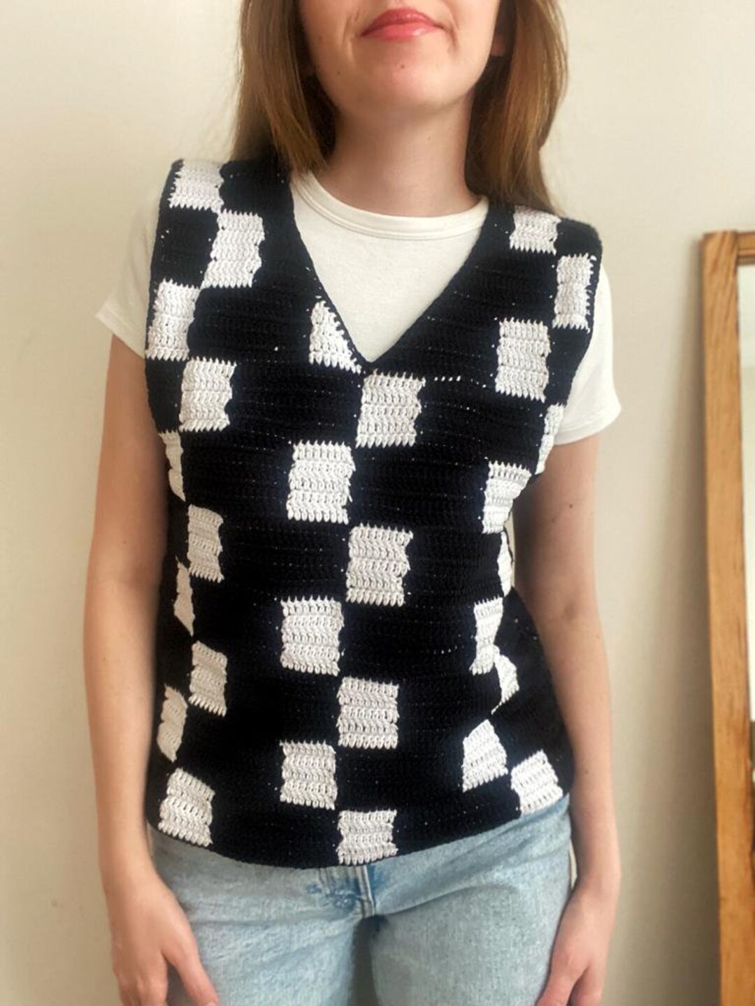 Crochet Checkered Vest, Black and White Sweater Vest, Wednesday Vest ...