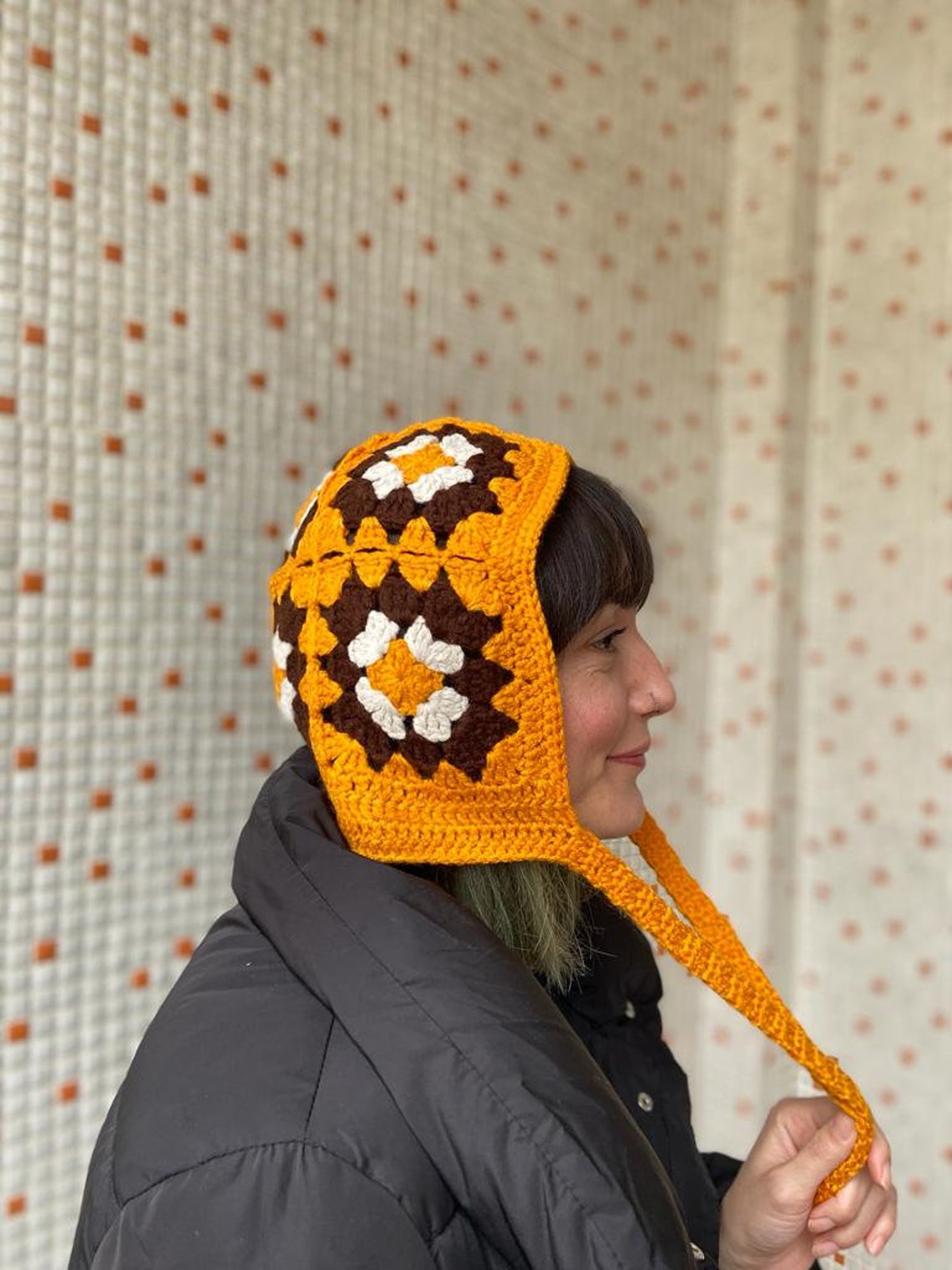 Handmade Granny Square Crochet Bonnet: Knit Tie Adult Winter Hat - Etsy
