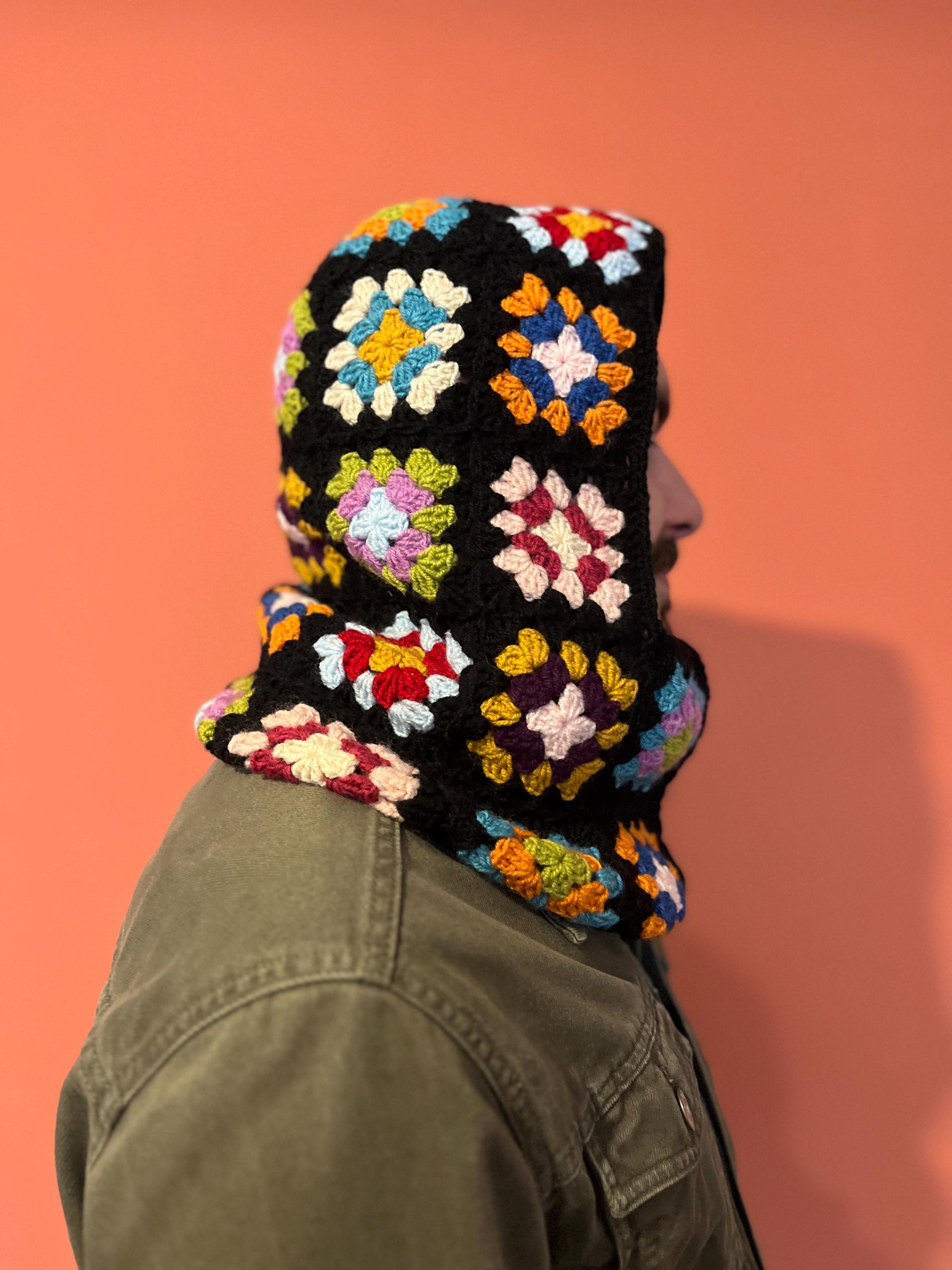 Handmade Crochet Balaclava, Black Base Colorful Granny Square Balaclava ...