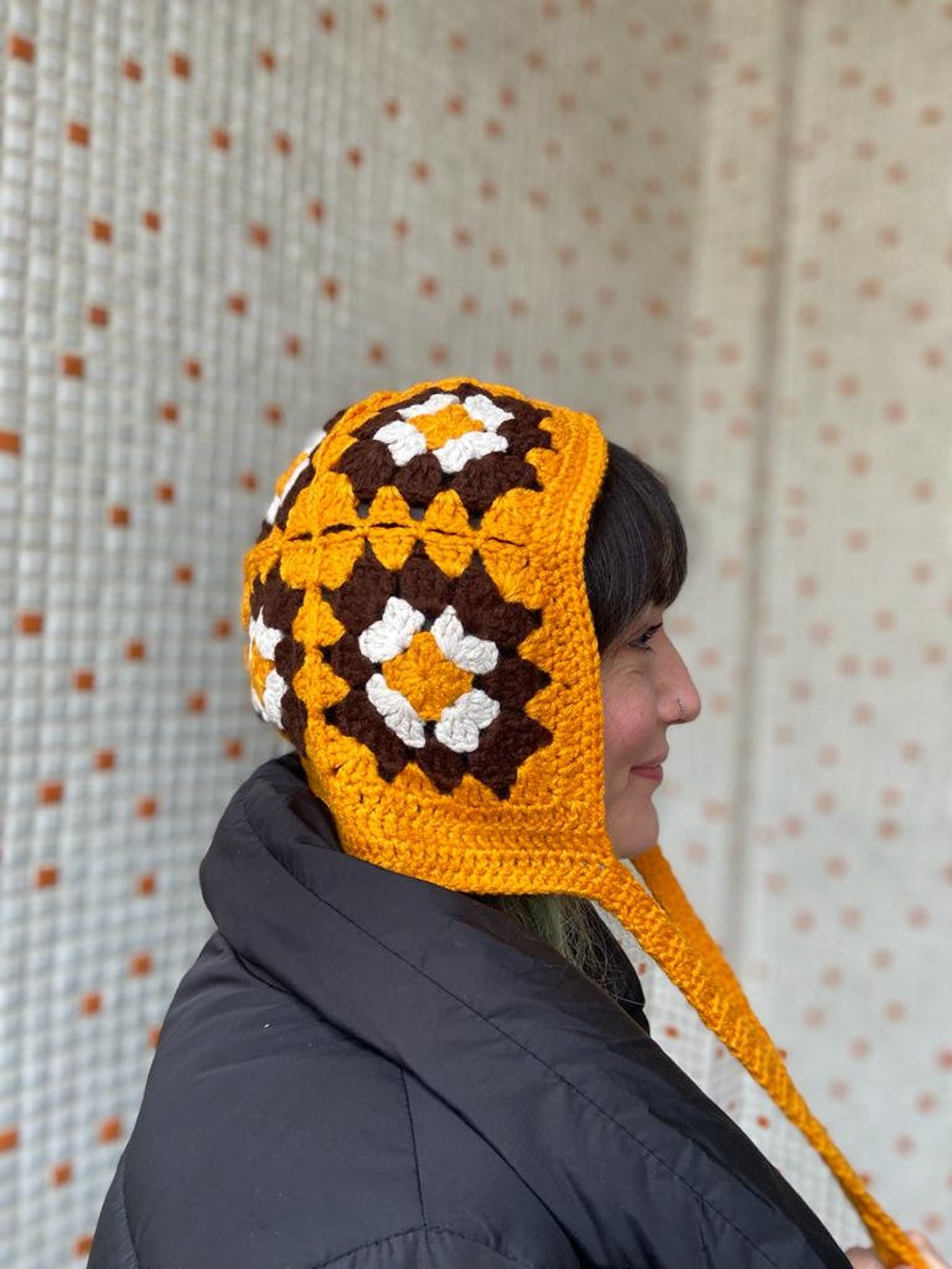 Handmade Granny Square Crochet Bonnet: Knit Tie Adult Winter Hat - Etsy