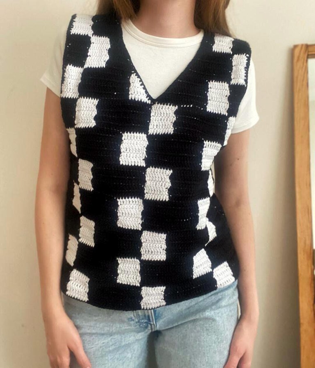 Crochet Checkered Sweater Vest: Black and White Unisex Top - Etsy