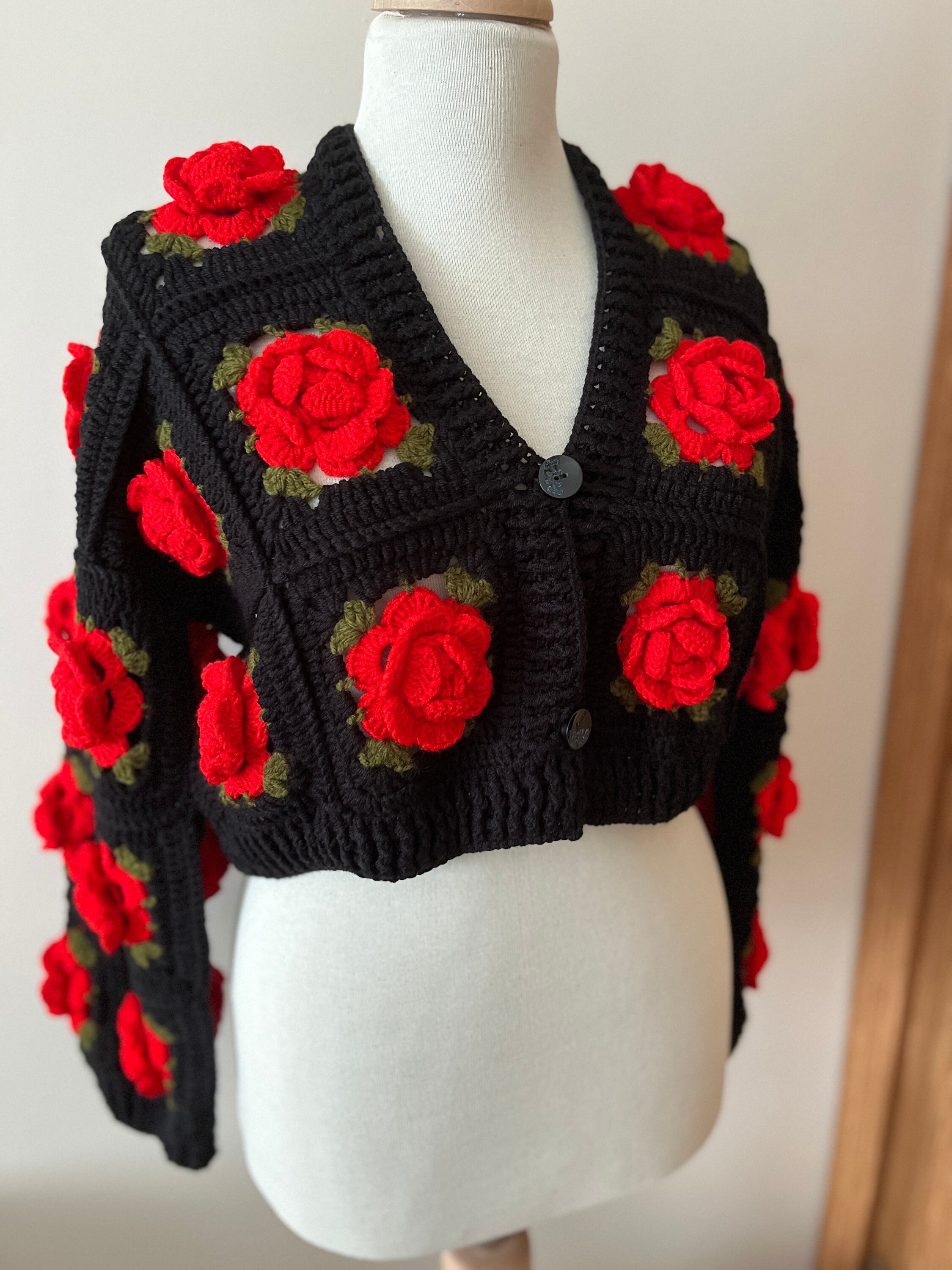 Crochet Crop Cardigan, Crochet Rose Cardigan, Red Rose Cardigan, Knit ...