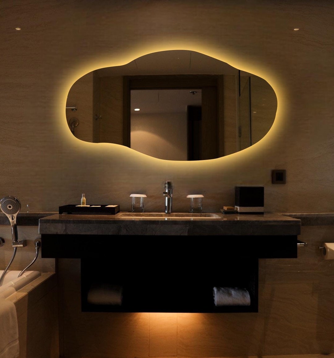 Asymmetrical Led Wall Mirror, Modern Hanging Led Mirror for Bathroom ...