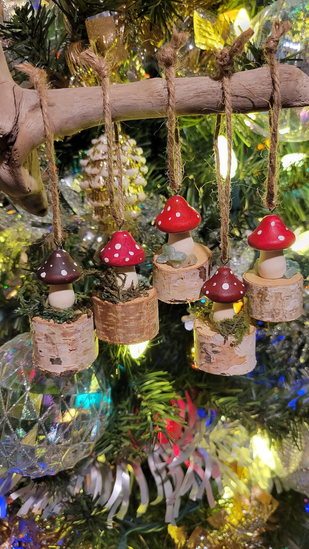 Christmas Tree Mushroom Ornaments, Set of 5 Wood Mushroom Ornaments ...