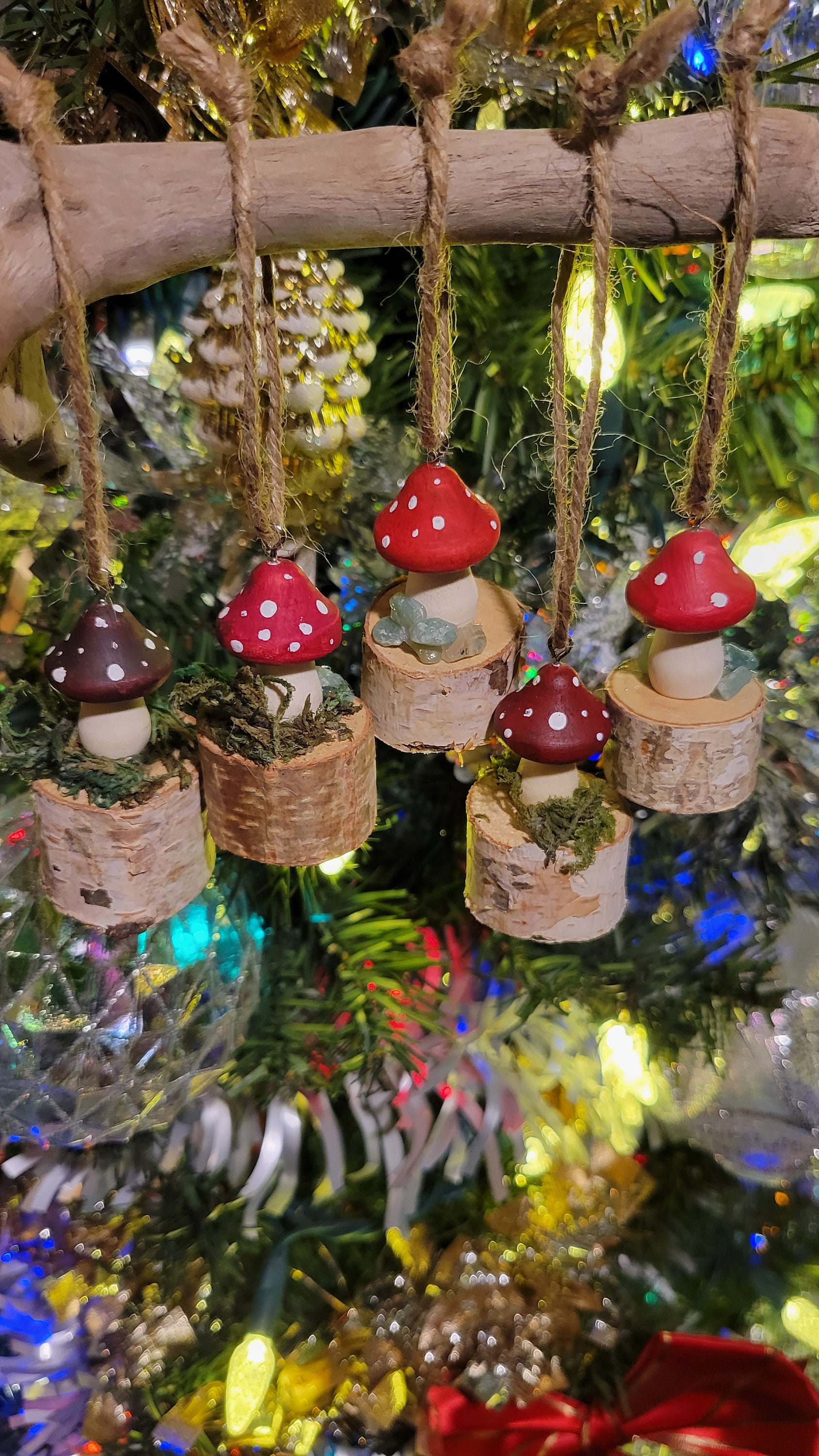 Christmas Tree Mushroom Ornaments, Set of 5 Wood Mushroom Ornaments ...