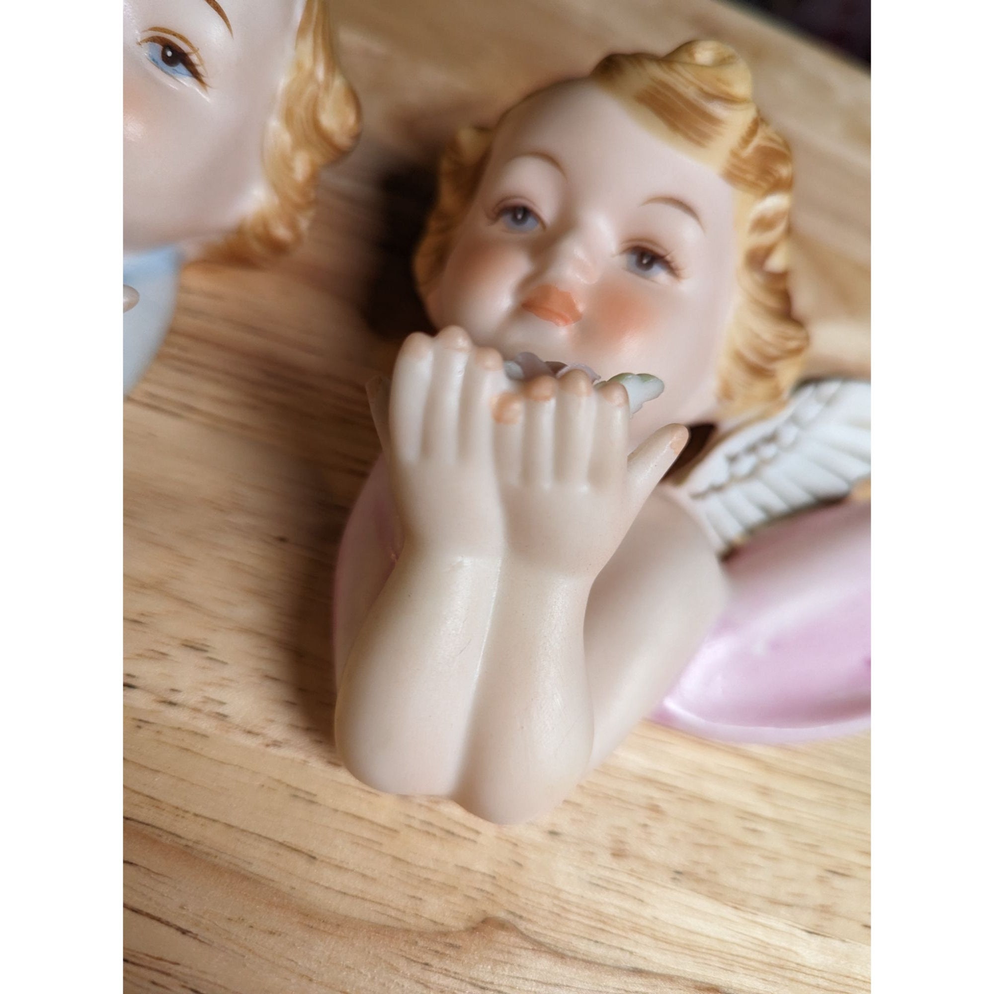 Pair of Cherub 1 Wing Angles Norcrest Japan Blue & Pink Hanging Flowers ...