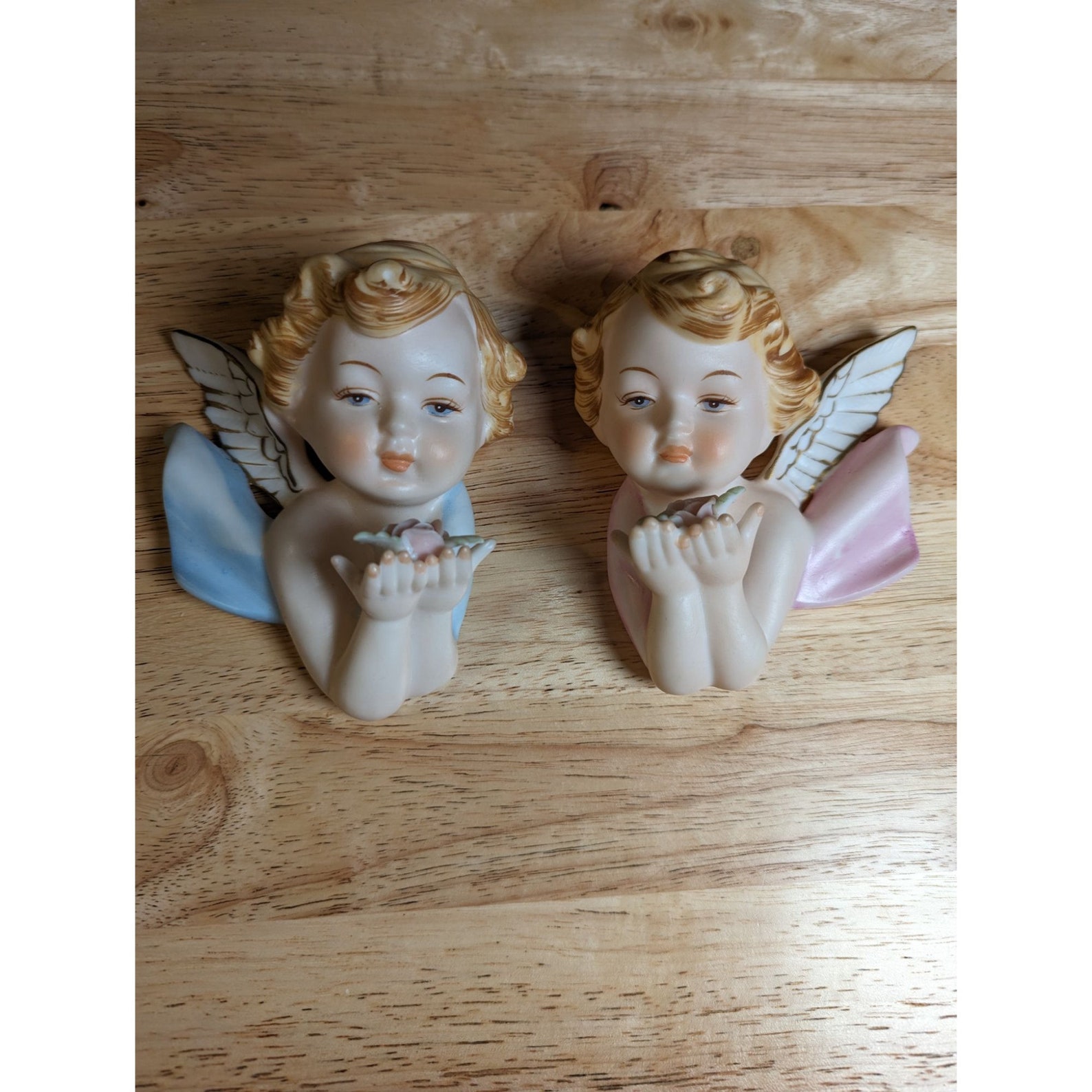 Pair of Cherub 1 Wing Angles Norcrest Japan Blue & Pink Hanging Flowers ...