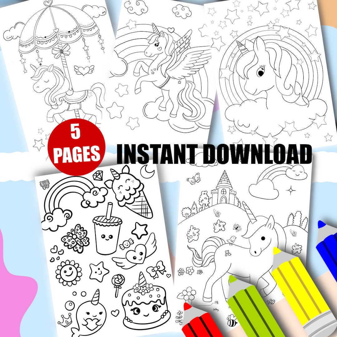 5 Cute Unicorn Coloring Pages for Kids, Coloring Book for Preschoolers ...