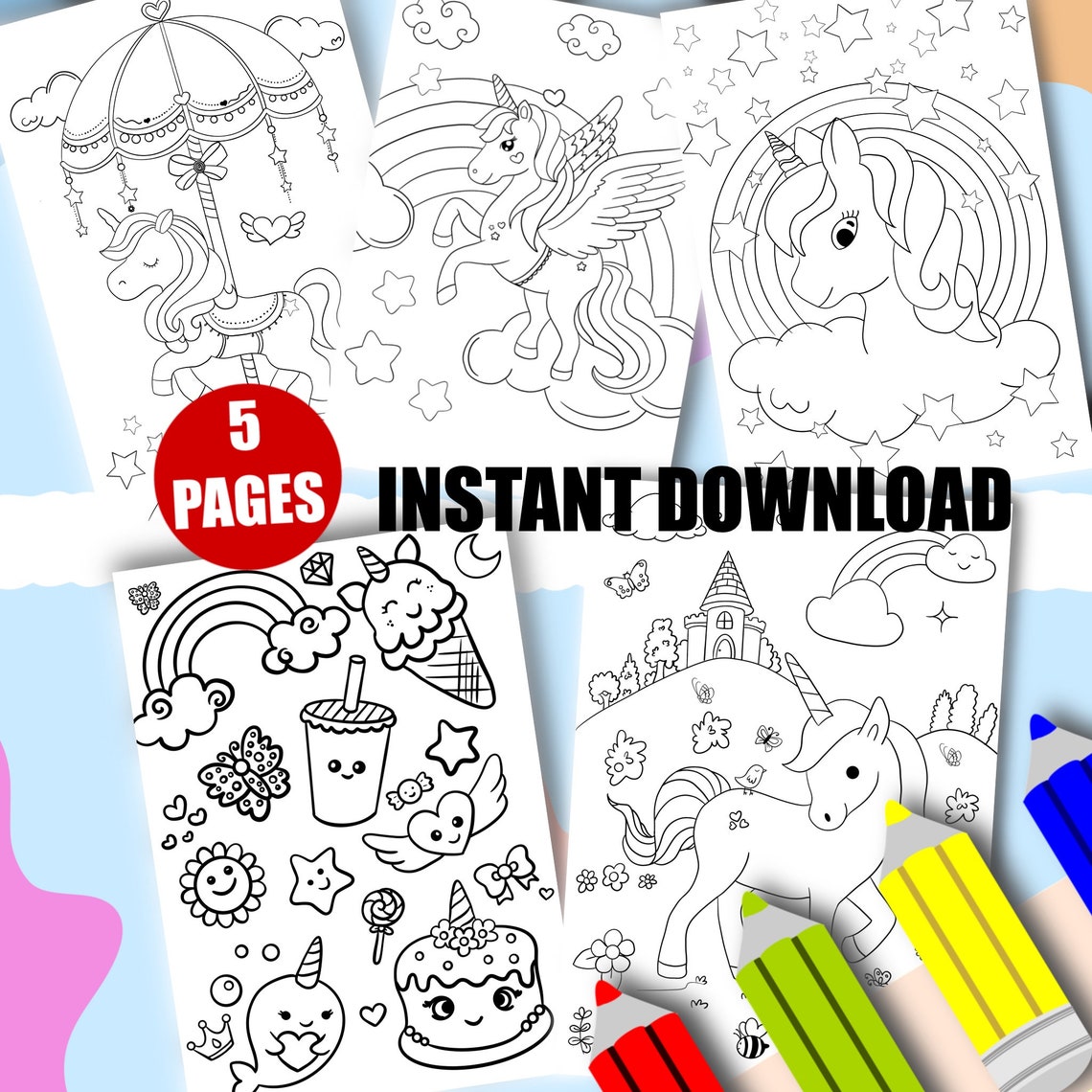5 Cute Unicorn Coloring Pages for Kids Coloring Book for - Etsy