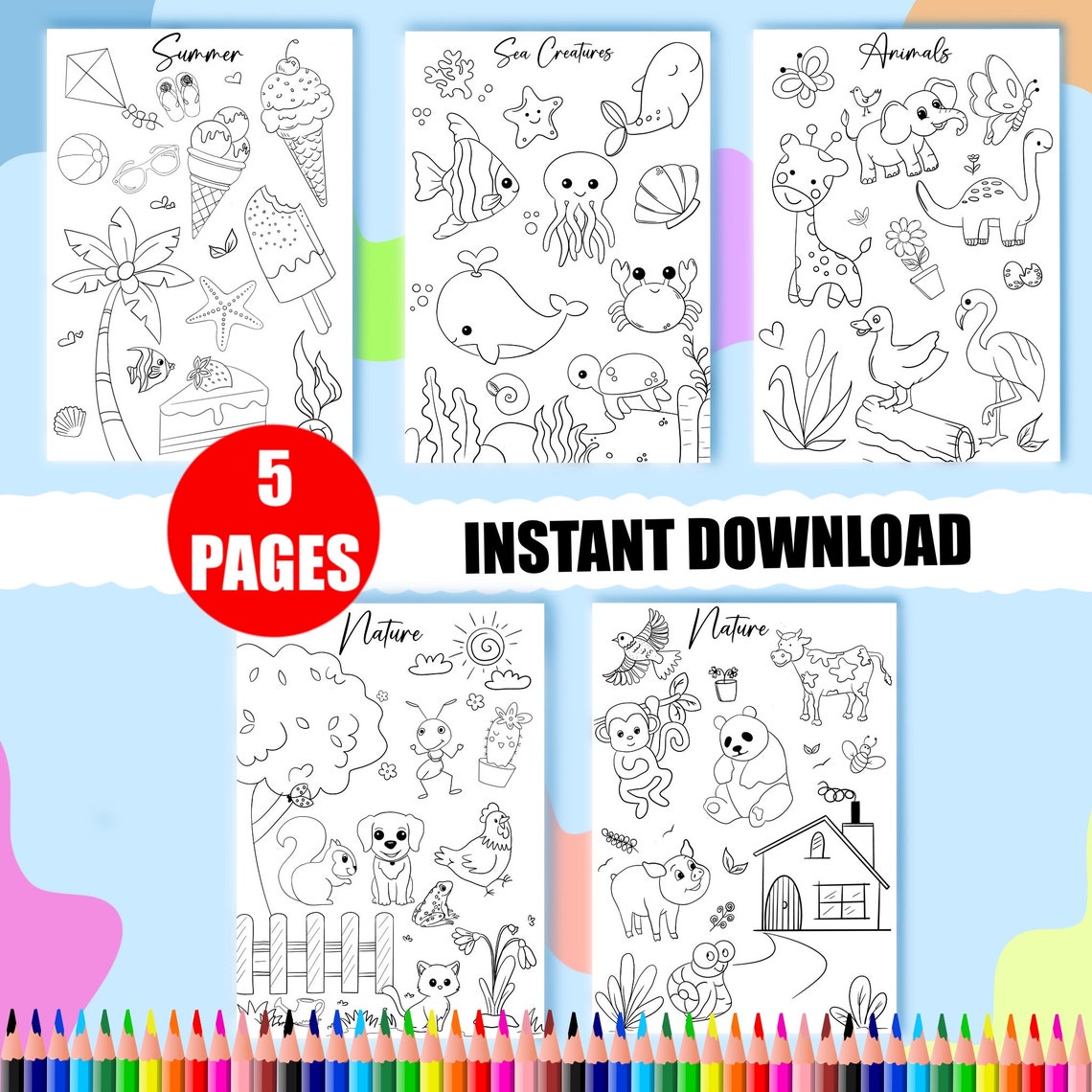5 Great Coloring Pages for Kids: Animals Nature Summer - Etsy