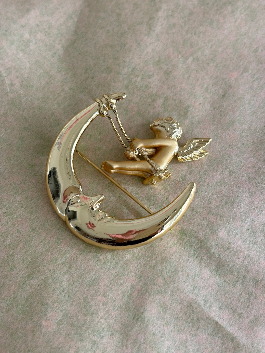 Cupid Swinging on the Moon Vintage Brooch by AJC - Etsy
